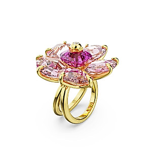 SWAROVSKI Florere Cocktail Ring, Flower Motif with Pink Crystals on a Gold-Tone Finished Double Band, Size 7, Part of the Florere Collection