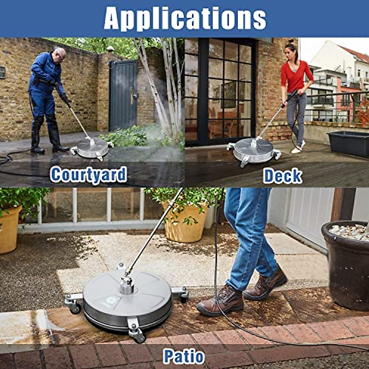 JANZ 16" Pressure Washer Surface Cleaner with 4 Wheels, Stainless Steel Housing, 1/4" Quick Plug, 2 Extension Wand Attachments, 2 Replacement Nozzles and 3 Spray Nozzles, 4000 PSI