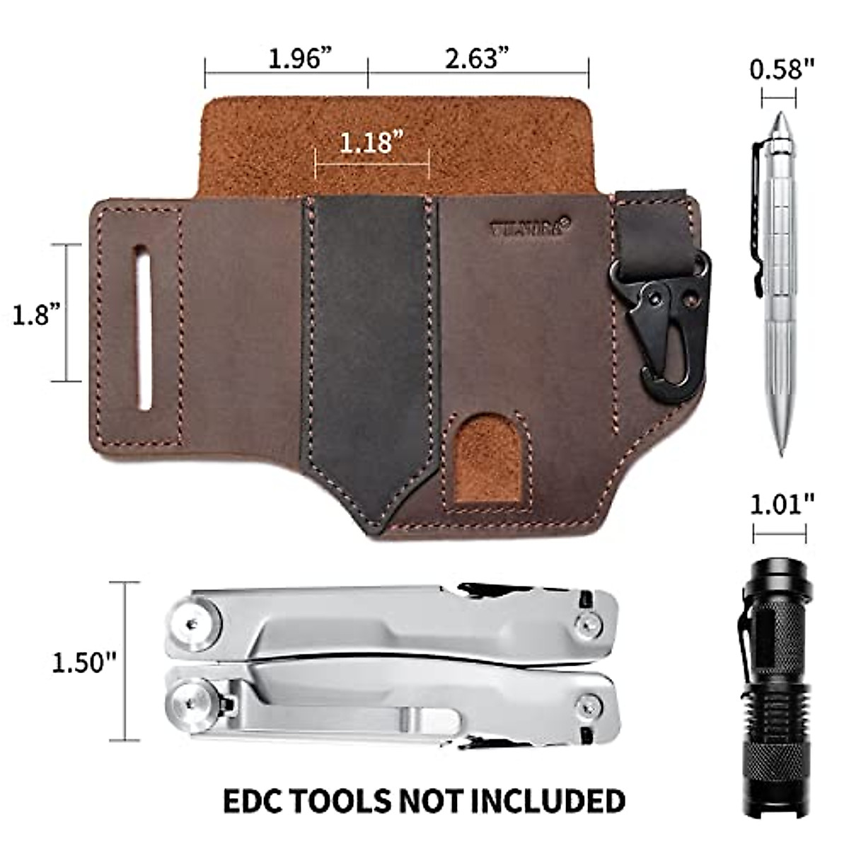 WILNARA Leather EDC Holster Multitool Sheath for Belt, Tactical Pen Holster, Flashlight Holster, Everyday Carry Retro Pocket with Keychain, Handy & Durable(Dark Brown)