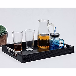 Serving Tray with Polished Metal Handles, 16.5''x12'' Rectangle Coffee Table Tray, Modern Decorative Tray, Large Ottoman Tray, Perfect for Storage and Display (Black)