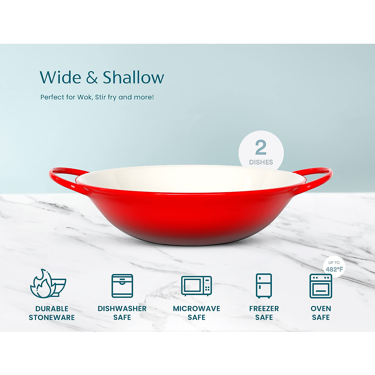 KooK Stir Fry Bowl, Wok Dish, Classic Thai, Ceramic Mini Wok, Stoneware Serving Bowls, For Soups and Pastas, Oven, Dishwasher and Microwave Safe, Cherry Red, 40 oz, Set of 2