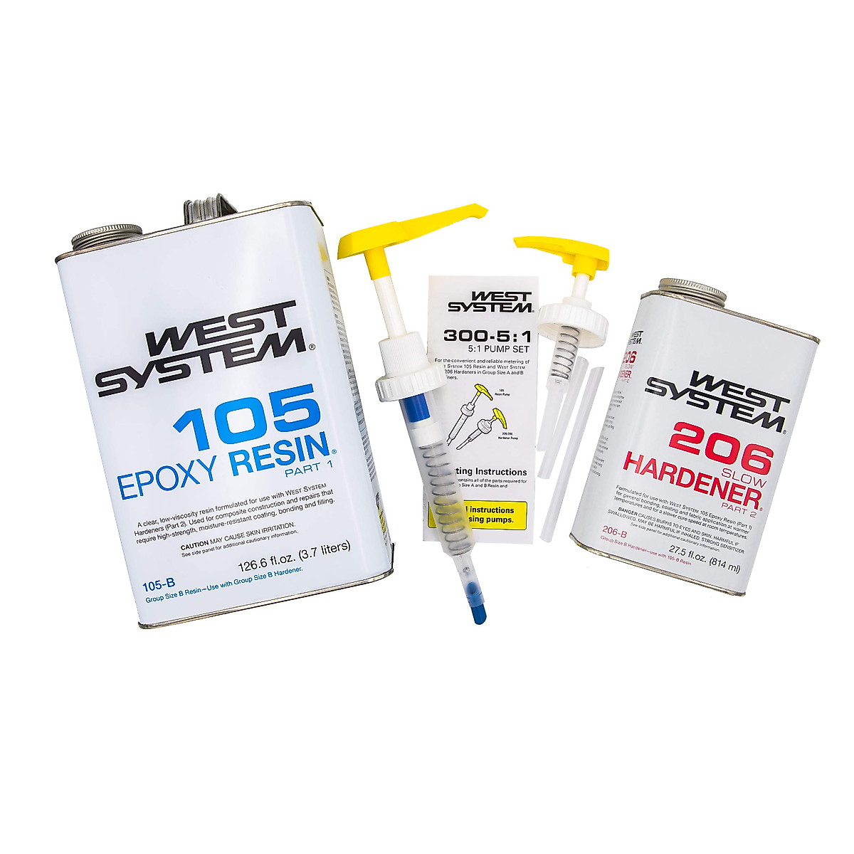 West System 105-B Epoxy Resin Bundle with 206-B Slow Epoxy Hardener and 300 Mini Pumps Epoxy Metering Pump Set, Pale Yellow