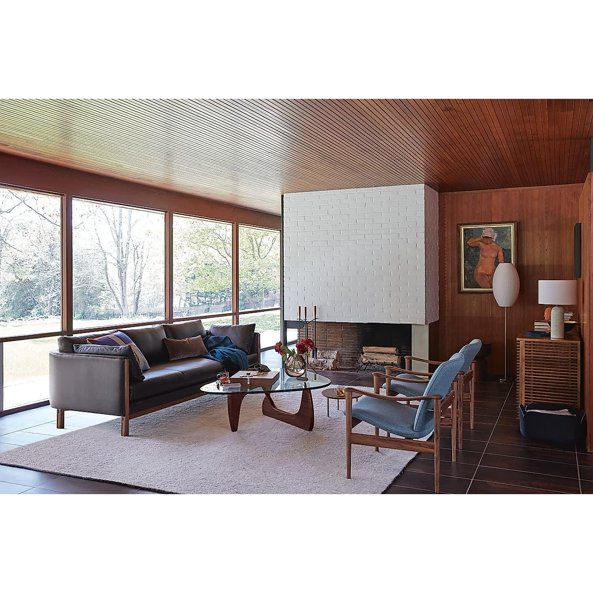 Rimdoc Triangle Glass Coffee Table Modern Noguchi Coffee Table, Vintage Glass, Wood End Table, Solid Wood Base and Clear Glass Top Accent Coffee Table, for Living Room, Patio(Upgraded Version)