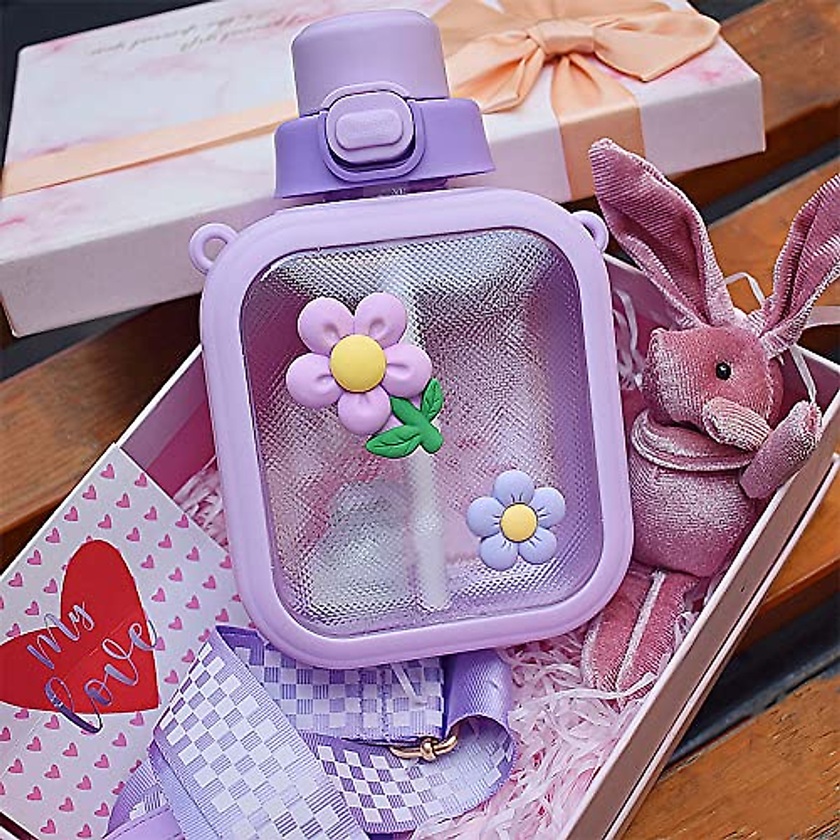 Kawaii Water Bottle for Girls Cute Water Bottles with Straw, Portable Leak Proof Square Kawaii Water Bottle with Stickers and Adjustable Strap - for Outdoor Sports Travel, BPA-Free, 24oz (Purple)