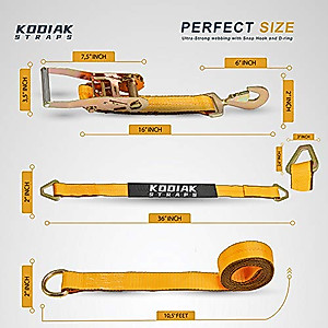 KODIAK STRAPS Adjustable Vehicle Tire Tie Down Straps Kit– 4pk Heavy Duty Tire Straps with Snap Hooks 10,000 lbs. Working Load 3333 lbs. Lasso 4 x Tow Strap Kit for Car, Truck, ATV Towing Accessories