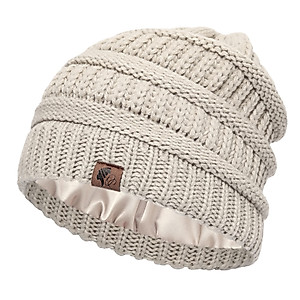 Olivia Sylx Chunky Satin Lined Beanie for Women - Winter Hat - Warm Slouchy Knit Beanie - Beige
