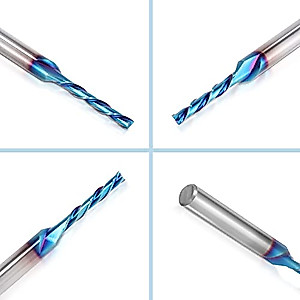 HQMaster 5 Pcs Spiral CNC Router Bits Set Down Cut 1/4” Shank Solid Carbide Spiral Downcut CNC Bits with Nano Blue Coating End Mill for Wood Cut Carving Engraver 1/8" Cutting Dia.