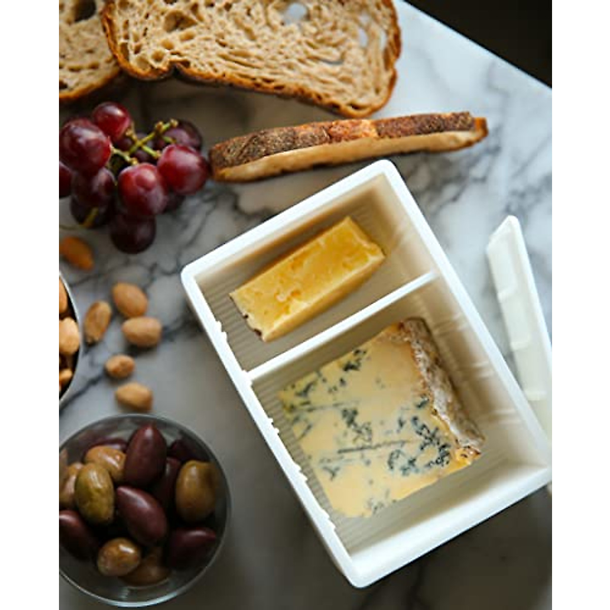 CapaBunga Cheese Vault with Divider - Reusable Artisan Cheese Storage Container for Fridge - Food Grade Silicone Cheese Container 6x4x3.5” - Cheese Keeper for Refrigerator - White Cheese Holder