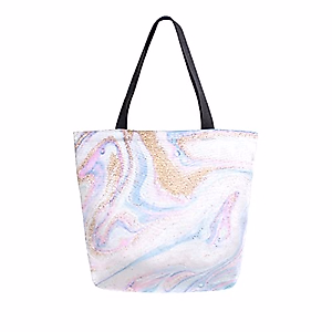 ALAZA Pink Purple & Gold Marble Large Canvas Tote Bag Shopping Shoulder Handbag with Small Zippered Pocket