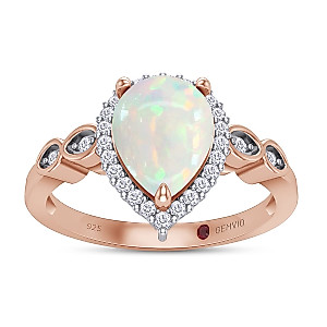 GEMVIO Collection 1 Carat CT 8X6MM Pear Cut Natural White Opal Gemstone & Diamond Halo Teardrop Engagement Ring In 14K Rose Gold Over Sterling Silver Anniversary Wedding Band Ring(1 Cttw)-6