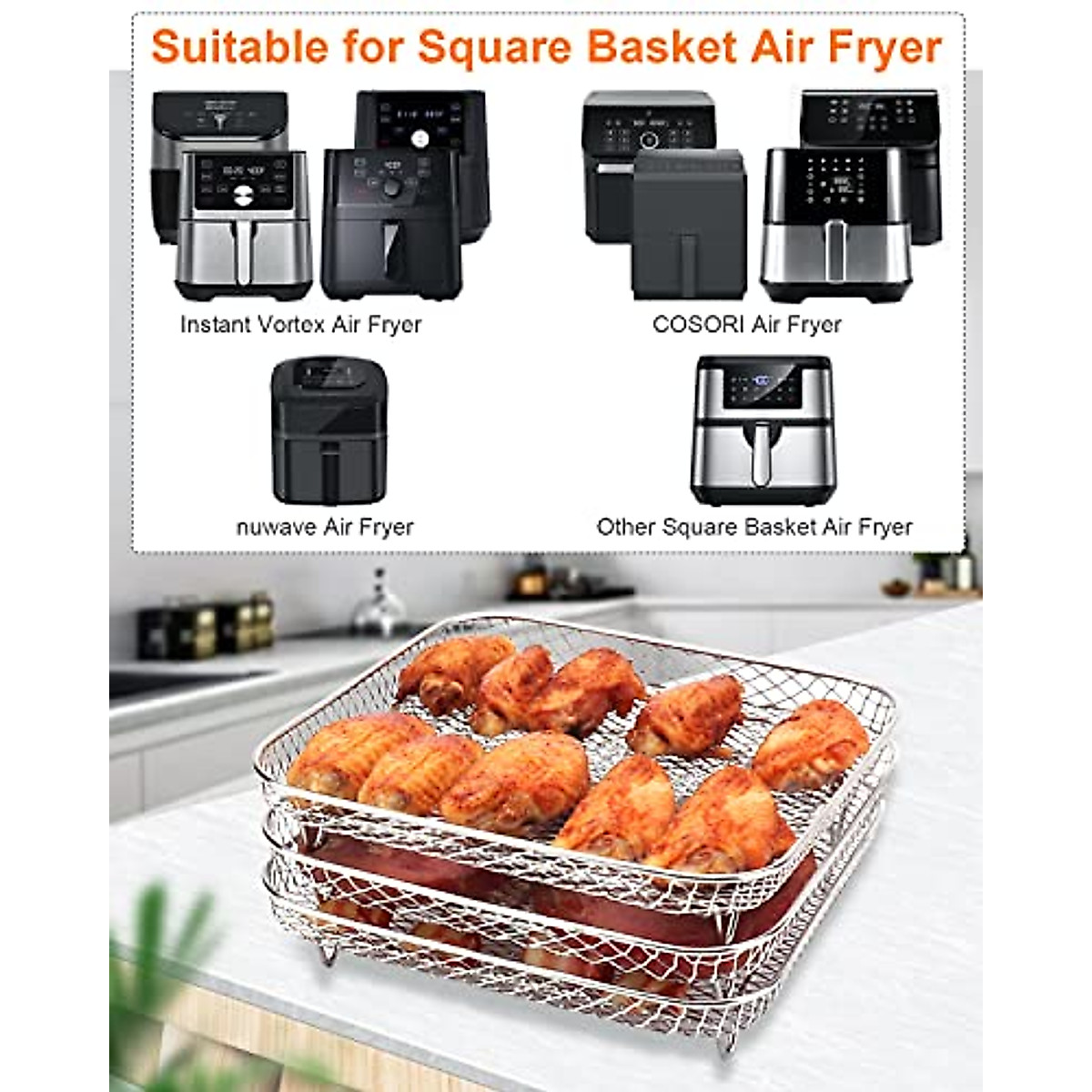 Air Fryer Rack for Instant Vortex COSORI NUWAVE Air Fryer Oven- 304 Stainless Steel Three Stackable Dehydrator Rack Toast Rack Stand Accessories