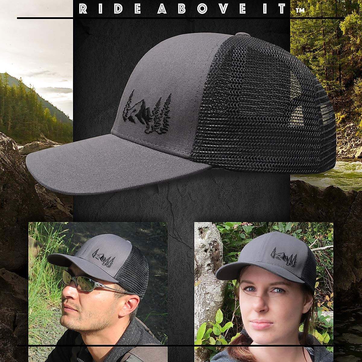 Grace Folly Trucker Hat for Men or Women- Many Cool Designs (Mountain- Gray)