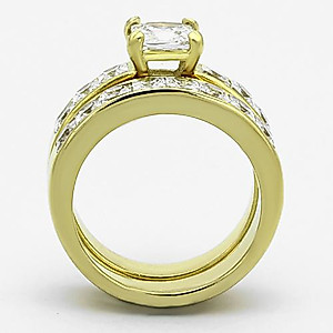 Marimor Jewelry His and Her 14K Gold Plated Stainless Steel 3 Piece Wedding Engagement Ring and Men's Band Set Women's Size 09 Men's 06mm Size 13