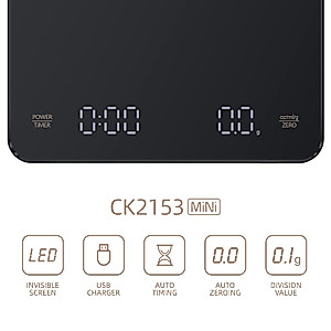 Coffee Scale with Timer, Rechargeable Espresso Coffee Scale, 3kg/0.1g High Precision Digital Coffee Scale, Kitchen Food Scale with Invisible Screen, Measures in g/oz/ml (Black)