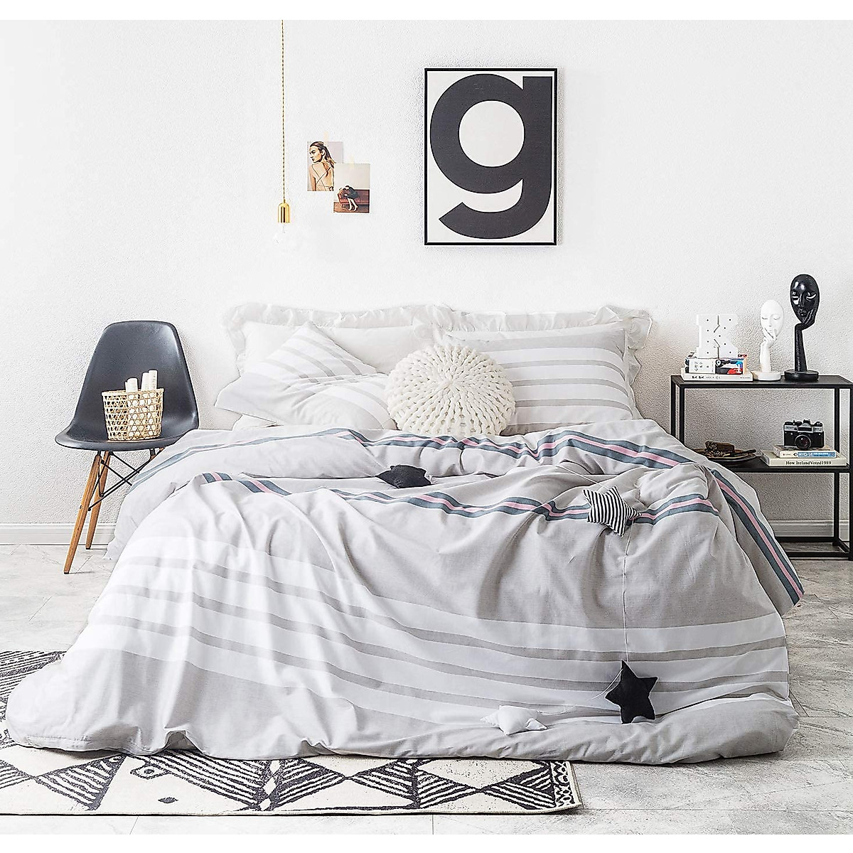 SUSYBAO Pink Striped Duvet Cover King 100% Cotton Gray White Striped Duvet Cover 3 Pieces Set 1 Farmhouse Horizontal Stripe Duvet Cover with Zipper Ties 2 Pillowcases Soft Grey Geometric Bedding