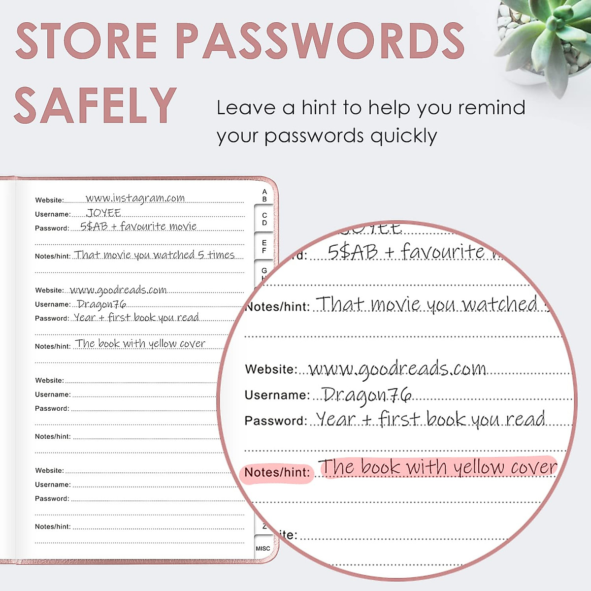 Elegant Password Book with Alphabetical Tabs - Hardcover Password Book for Internet Website Address Login - 5.2" x 7.6" Password Keeper and Organizer w/Notes Section & Back Pocket (Rose Gold)