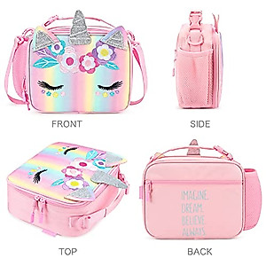 mibasies Kids Unicorn Insulated Lunch Box for Girls Rainbow Bag with Water Bottle Holder(Pink Blue Rainbow)