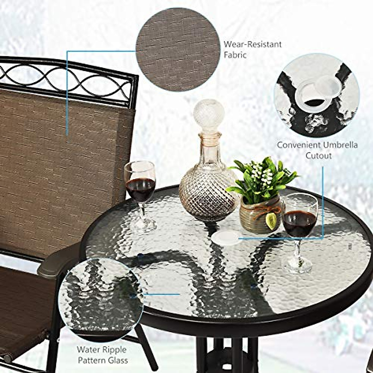 S AFSTAR 3-Piece Bistro Set, Patio Dining Furniture Set, Round Textured Glass Tabletop w/Umbrella Hole, Outdoor Conversation Set for Backyard Garden Poolside
