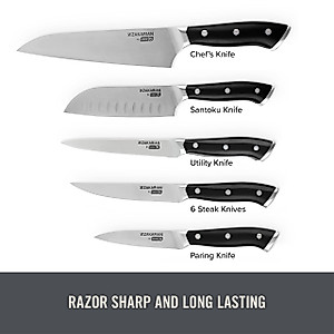 DASH Zakarian by DASH 11-Piece German Steel Kitchen Knife Set with 7" Chef, 5" Santoku, 5" Serrated Utility, 3.5" Paring, 6 Steak Knives and Magnetic Bamboo Knife Block, Black