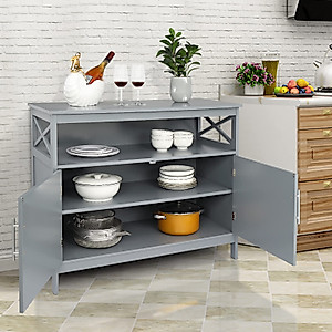 Double Door Sideboard Buffet Cabinet, Kitchen Storage Sideboard Coffee Bar Cabinet with Adjustable Shelf, Wooden Cupboard Console Table Curio Cabinet with Open Shelf for Kitchen Living Room, Grey