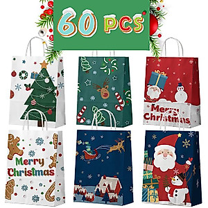 Kidtion Christmas Gift Bags 60 PCS, Durable Christmas Bags with Tissue Paper, 6 Styles Gift Bags Bulk with Handles, Reusable Small Gift Bags Xmas Paper Bags, Party Favors Holiday Gift Bags