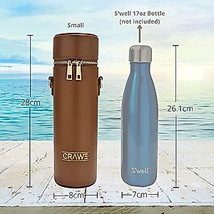 Crawe Full Grain Leather Insulated Water Bottle Crossbody Bag, 17 oz Water Bottle Holder with Strap for Walking, Bottle Carrier, Bottle Sling, Single Wine Bottle Tote, Brown Pebbled Leather, Gift Box