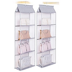 AARAINBOW Hanging Clear Handbag Purse Organizer for Closet, Handbag Organizer with Hook 4 Easy Access Pockets Wardrobe Closet Space Saving Organizers System, 47.2 L x 15.7Wx 6.3D (Gray)