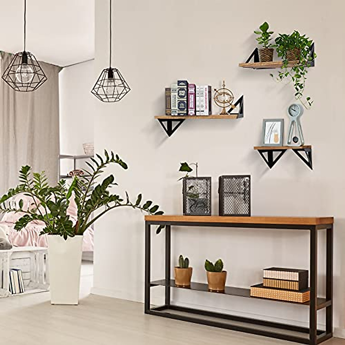 Rustic Wood Wall Shelves Set of 3,Floating Shelves Wall Mounted with Metal Bracket, Wall Mounted Farmhouse Shelves for Living Room, Kitchen, Bedroom and Bathroom