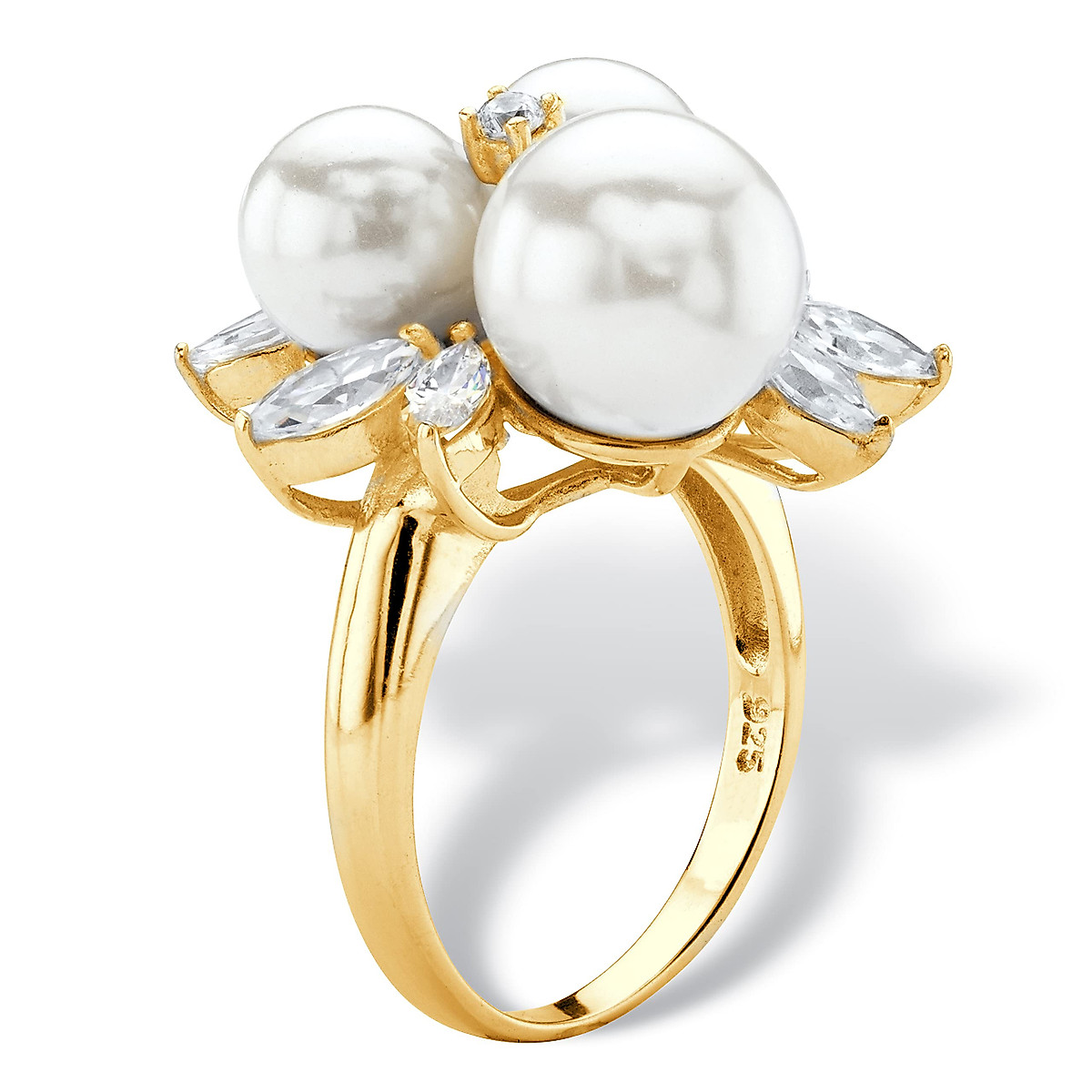 PalmBeach Yellow Gold-Plated or Platinum-Plated Sterling Silver Round Bead Simulated Pearl and Cubic Zirconia Ring Size 9