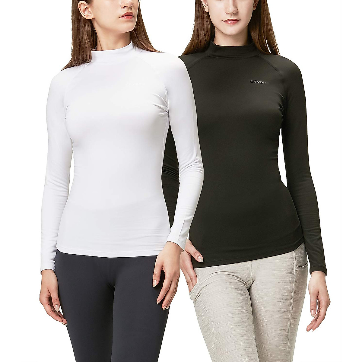 DEVOPS Women's 2 Pack Thermal Turtle Long Sleeve Shirts Compression Baselayer Tops (Large, Black/White)