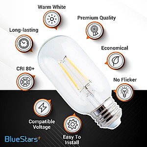 BlueStars Christmas Decoration T45 T14 Tubular E26 Edison LED Light Bulb 120V 5W (60W Equivalent), 2700K Warm White 550lm, Clear Glass for Ceiling Fan, Chandeliers, Pendant, Wall Scones, 3 Packs