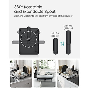 SONGMICS Large Dish Drying Rack, Expandable Dish Dryer for Kitchen Counter, Stainless Steel Dish Rack with Rotatable Spout, Utensil, Cup, Glass, Cutting Board, Pan Holders, Silver and Black UKCS037B01