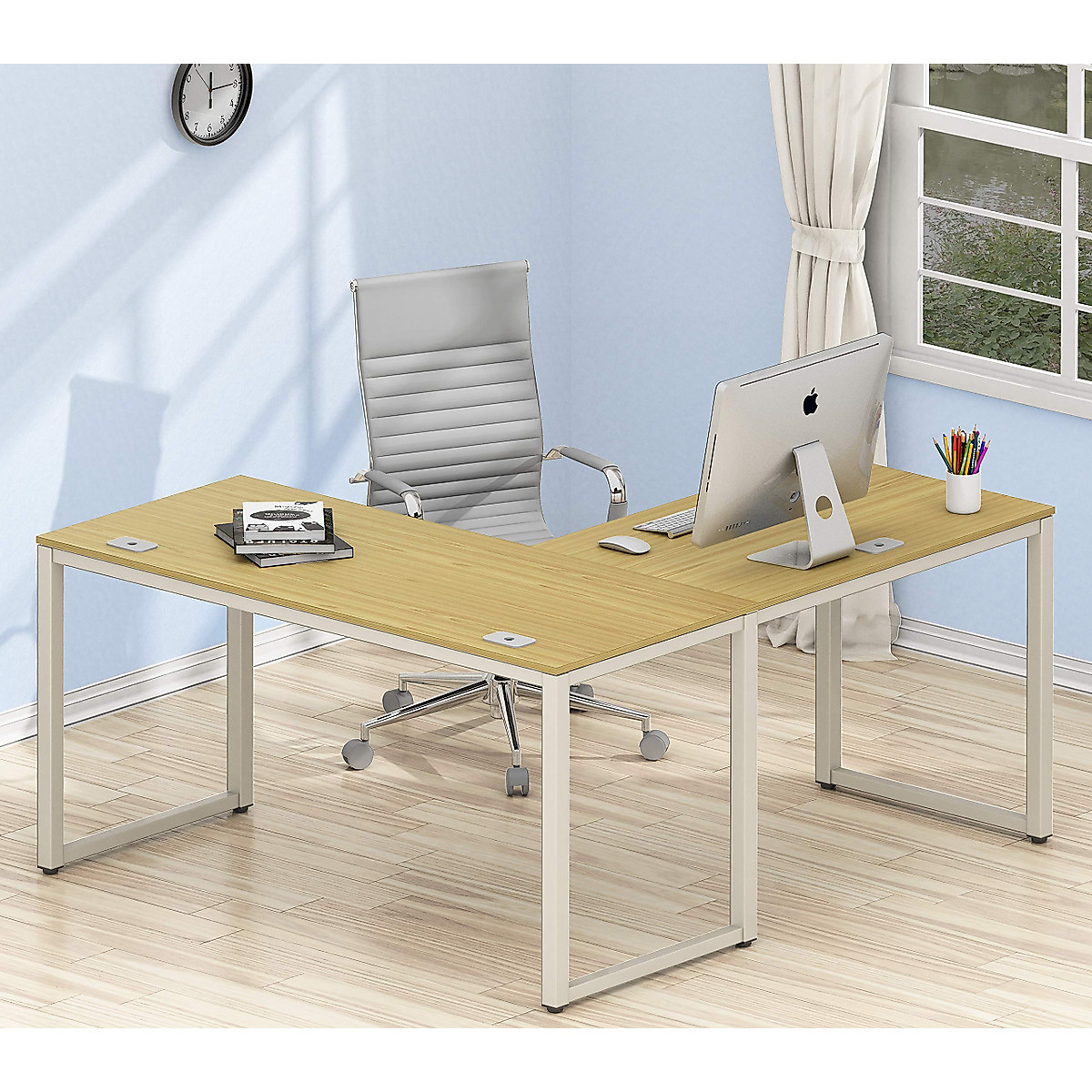 SHW Home Office 55"x60" Large L Shaped Corner Desk, Oak