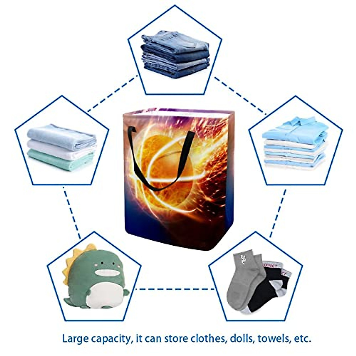 Burning Basketball Glowing Lights Print Collapsible Laundry Hamper, 60L Waterproof Laundry Baskets Washing Bin Clothes Toys Storage for Dorm Bathroom Bedroom