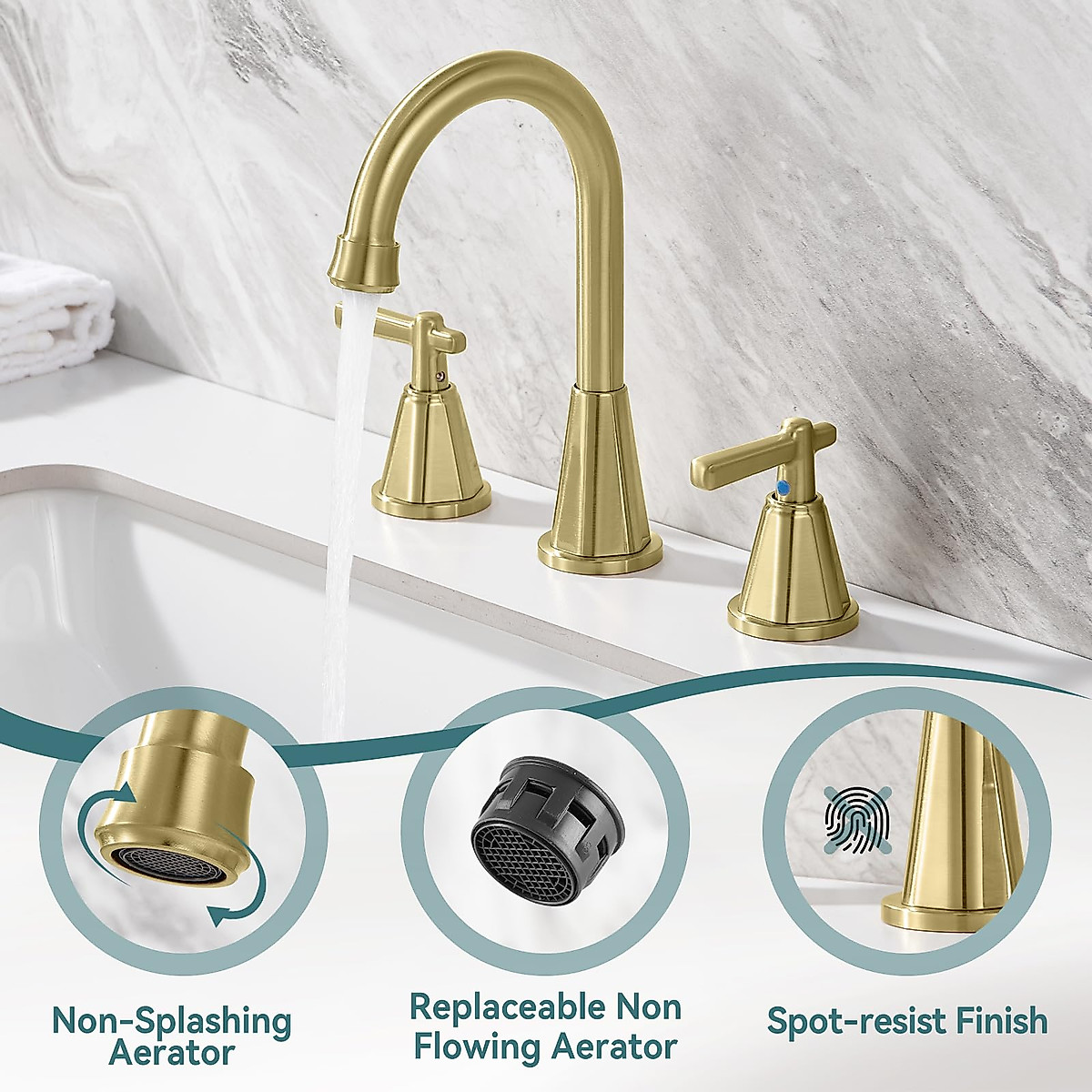 Damomo Bathroom Sink Faucet, Brushed Gold 8 Inch Widespread Bathroom Faucet for Sink 3 Hole, 2 Handle Sink Faucet with Pop Up Drain and 2 Supply Hoses for RV Bathroom Vanity