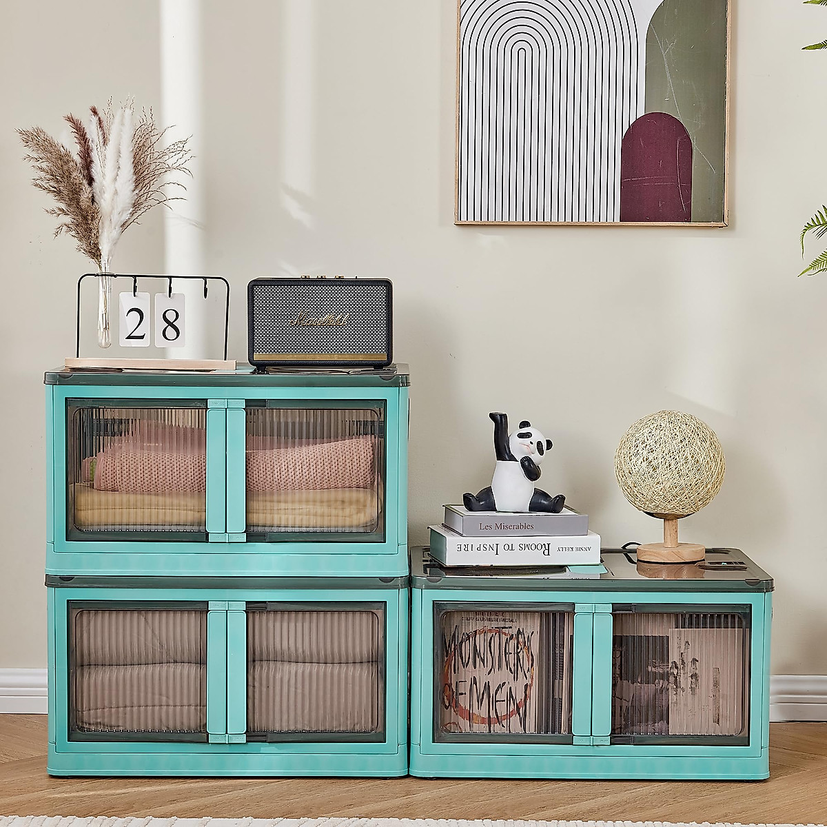 Homeforce Collapsible Storage Bins 3 Tier 23 Gal Each- Plastic Stackable Storage Bins with Lids and Wheels, 261 Quart/ 69 Gal Large Foldable Organization and Storage Box for Home and Office, Blue