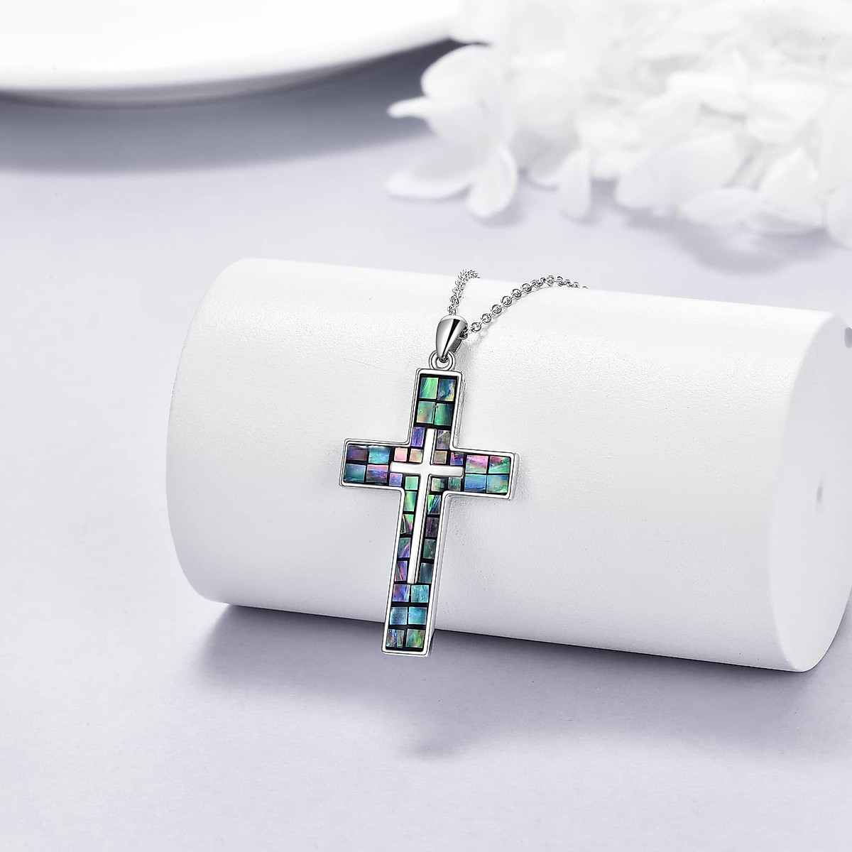 YFN Cross Necklace Sterling Silver Abalone Shell Cross Pendant Religious Jewelry Gifts for Women Men