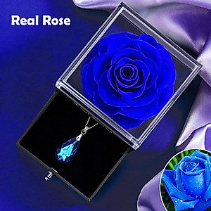 Preserved Blue Rose Box with Crystal Drop Necklace,Real Eternal Rose with S925 Sterling Silver Teardrop Sapphire Necklace,Blue Birthstone Pendant Gift for women on Valentine Anniversary Mothers day.