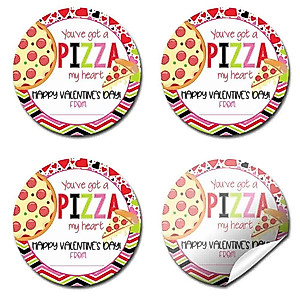 Piece of My Heart Fun Pizza Themed Valentine Party Favor Sticker Labels for Kids, 40 2" Party Circle Stickers by AmandaCreation, Great for Classroom Valentines, Envelope Seals, Gifts, Treats