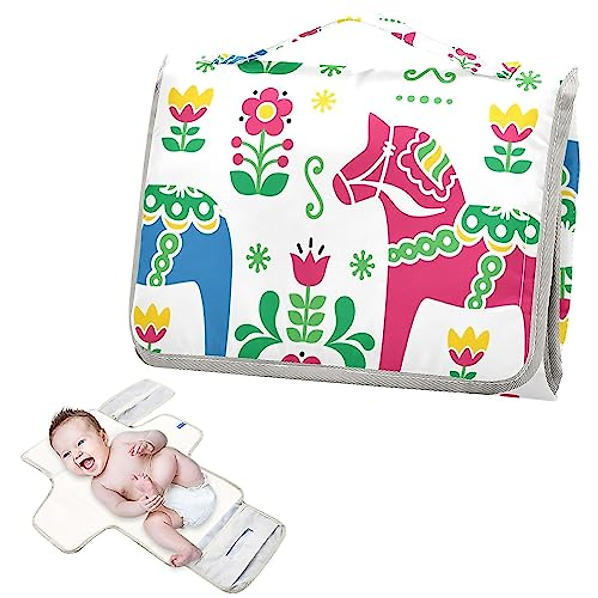 Swedish Folk Horse Portable Baby Changing Pad Travel Diaper Changing Pad Foldable Waterproof Changing Mat Station with Built-in Pillow for Newborn Essentials Gifts
