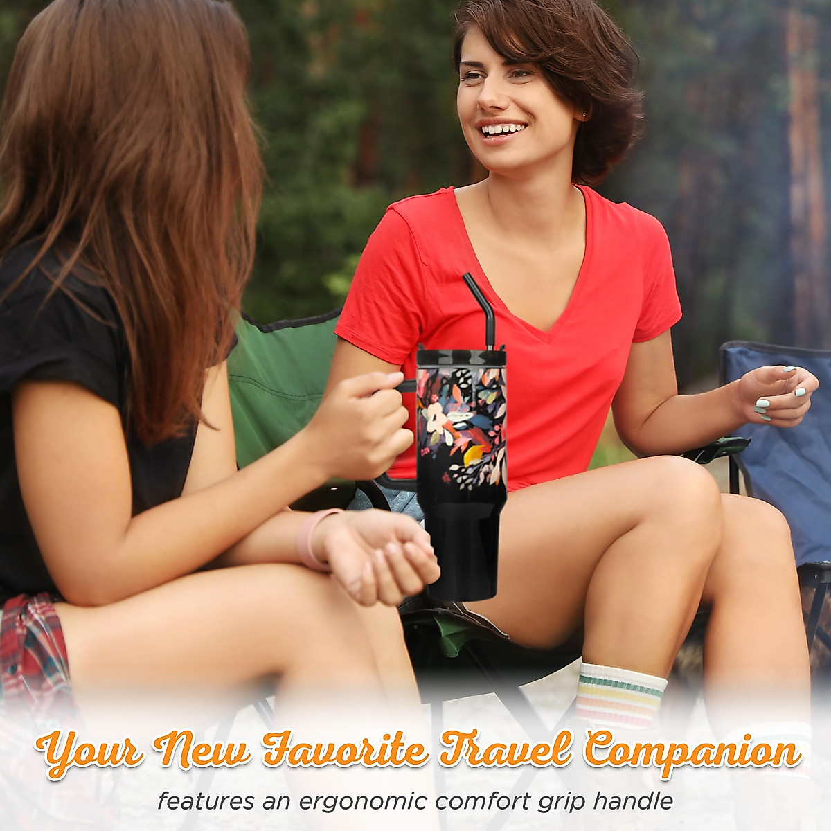 Christian Art Gifts Extra Large Stainless Steel Double Wall Vacuum Insulated Travel Tumbler for Women: Hope & Future Inspirational Scripture, Lid, Straw, Sturdy Handle, Black Multicolor Floral, 40 oz.