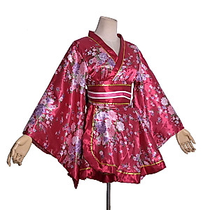 Women's Short Kimono Dress Floral Print Japanese Traditional Sexy Geisha Robe Bathrobe Skirt Belt Outfit