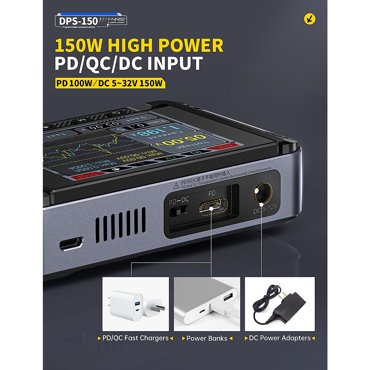 FNIRSI DPS-150 DC Power Supply Variable, 30V 5A Adjustable DC CNC Power Supply with 4-Digit IPS Display, <20mV Power Ripple, PD/QC/DC Input, PC Programmable Switching Power Supply (NO Power Adapter)