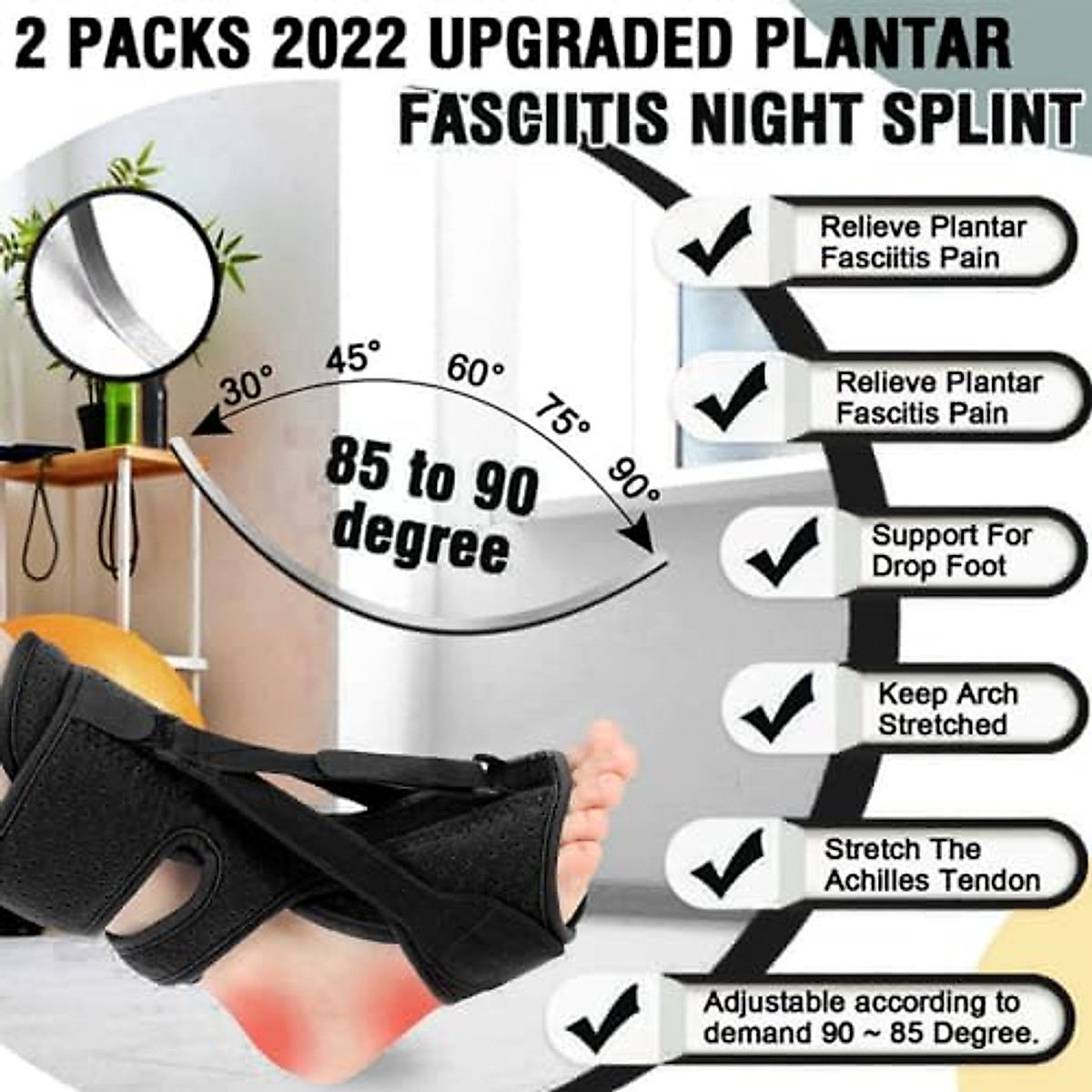 Plantar Fasciitis Night Splint ,Improved Dorsal Night Splint For Man Women,Relief from Plantar Fasciitis, Achilles Tendonitis, Heel and Ankle Pain, Tendonitis Foot Drop Flat Arch Heel Spur (Black, With Ball)