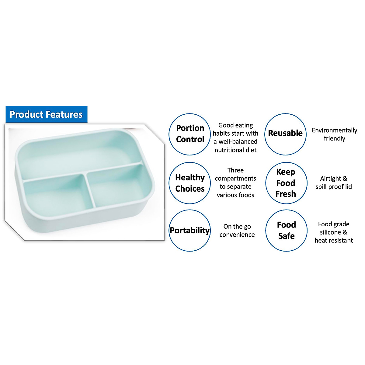 Cocina Vida 2 Pack Large Divided Food Storage and Meal Prep Containers - BPA Free Bento Box - Food Grade Silicone Lunch Box, 3 Compartment Leak Proof - 48 Ounce/1400 ml