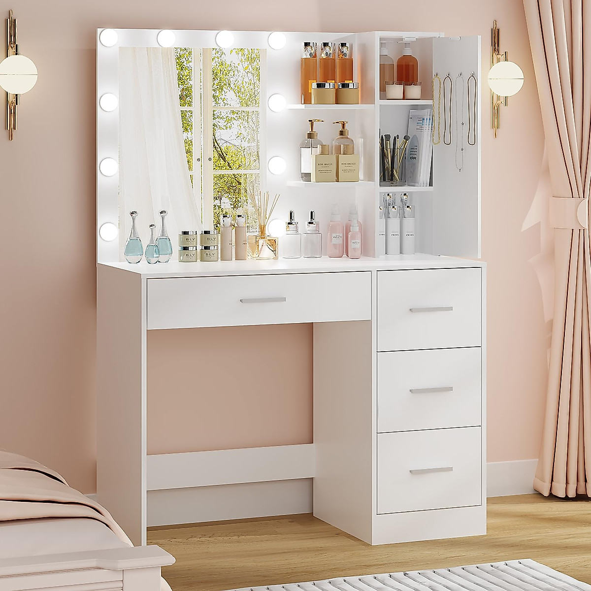 usikey Makeup Vanity with Lights, Vanity Desk with Mirror and 10 LED Lights, Vanity Table Set with 4 Drawers, Cabinet & 4 Necklace Hooks, Dressing Table for Bedroom, White