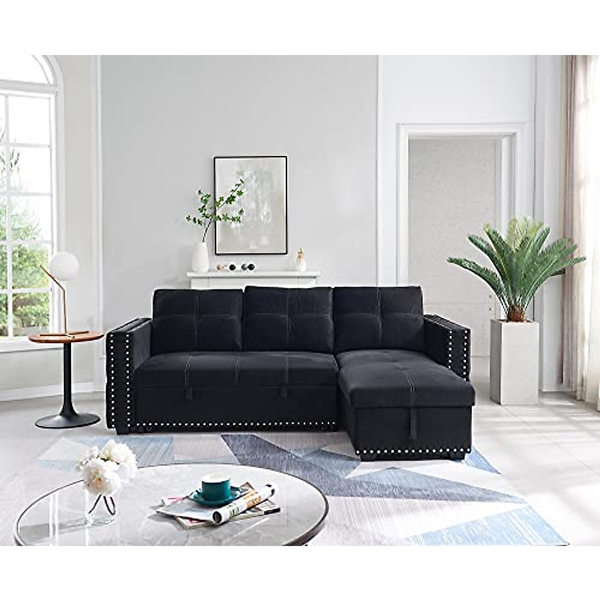 Tmosi Couch with Pull Out Bed, Sleeper Sectional L Shaped Velvet Sofa, 2 Seats Sofa with Reversible Storage Chaise, for Living Room Furniture Set (Black)