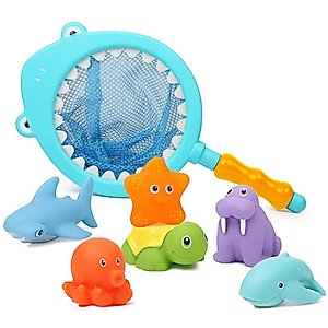 Bath Toy, Water Spraying Discoloration Floating Animals, Bathroom Pool Accessory, Shark Fishing Play Set for Babies and Kids