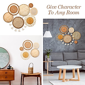 Set of 7 Wall Basket Decor Boho Wall Hanging Decor Rattan Wall Decor Flat Round Woven Macrame Tassels White Tapestry Bamboo Wall Basket Serving Tray Art Handmade Set for Room Bedroom Living Room