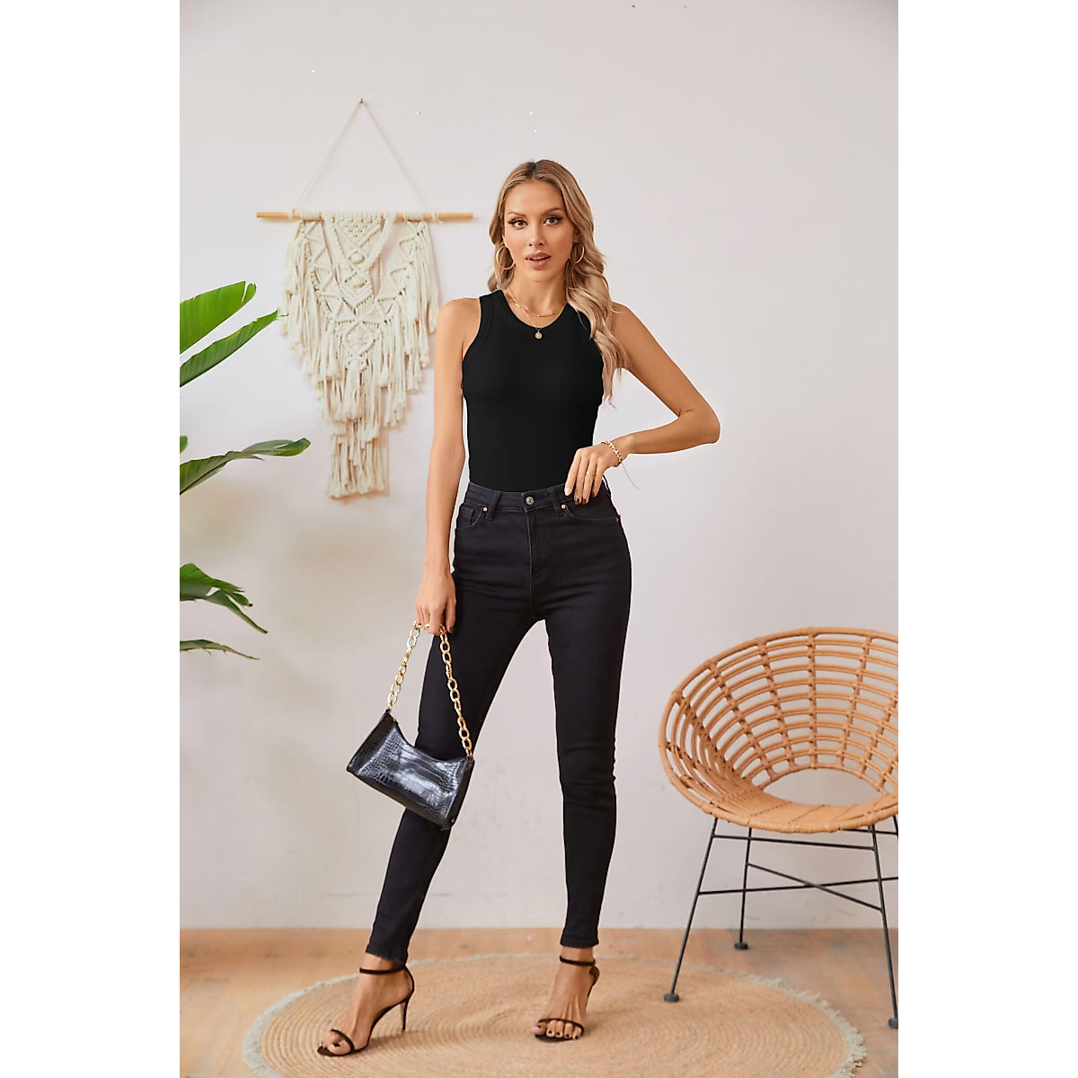 VICHYIE Summer Sleeveless Tank Tops Cami Basic Top for Women Shirt Ribbed Racerback Blouses Black M